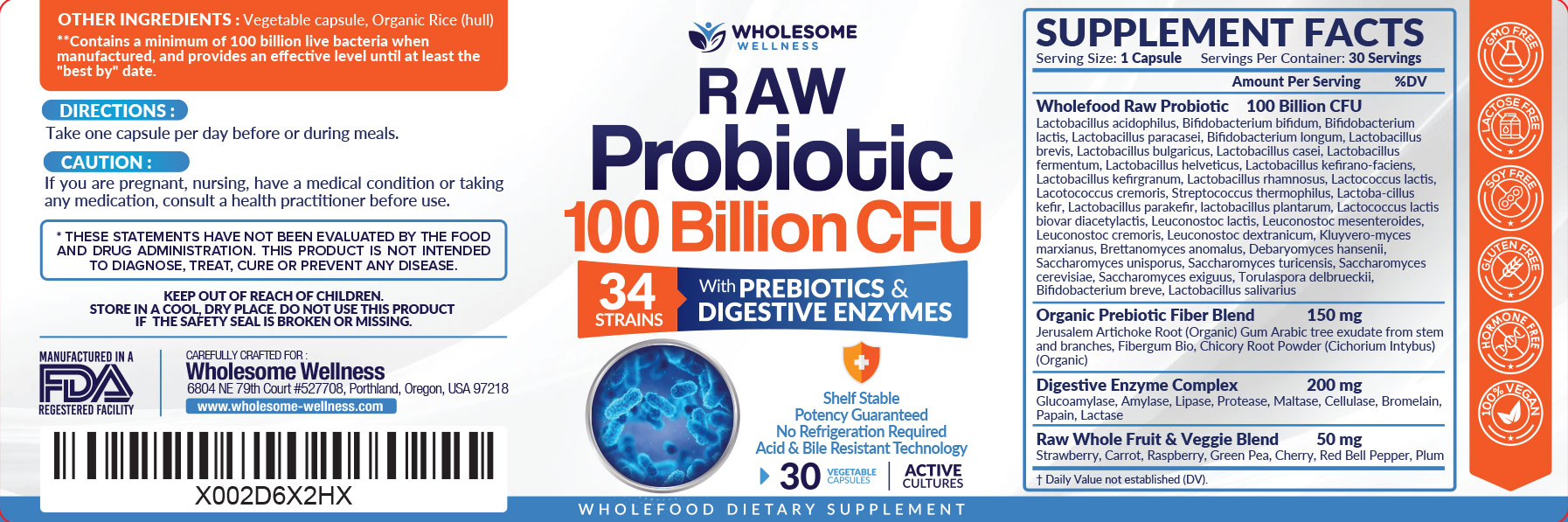 Wholesome Wellness Raw Probiotic 100 Billion CFU (30 แคปซูล) โปรไบโอติก ...